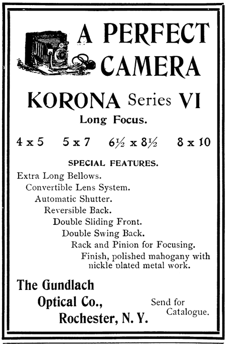 1899-1900 Ad; Gundlach Korona Cameras at Historic Camera